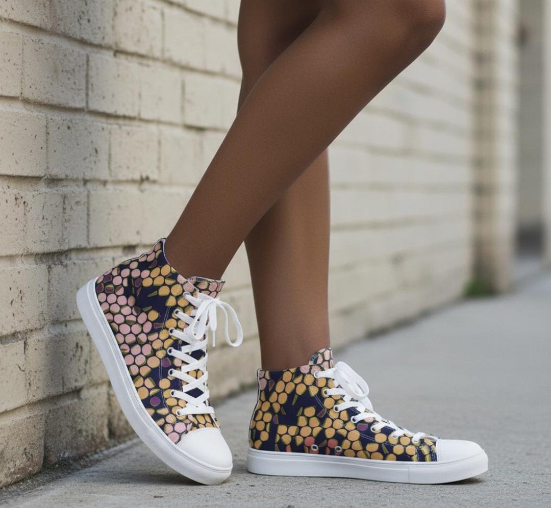 Retro High-top Canvas Sneakers — Pastel & Navy Geometric Pattern - Etsy