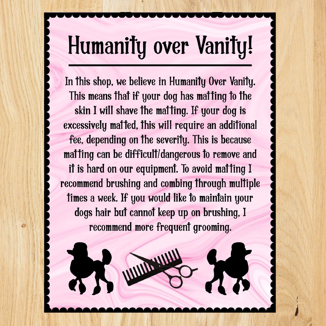 JPG File for DOWNLOAD Humanity Over Vanity Grooming Shop Sign Pink ...