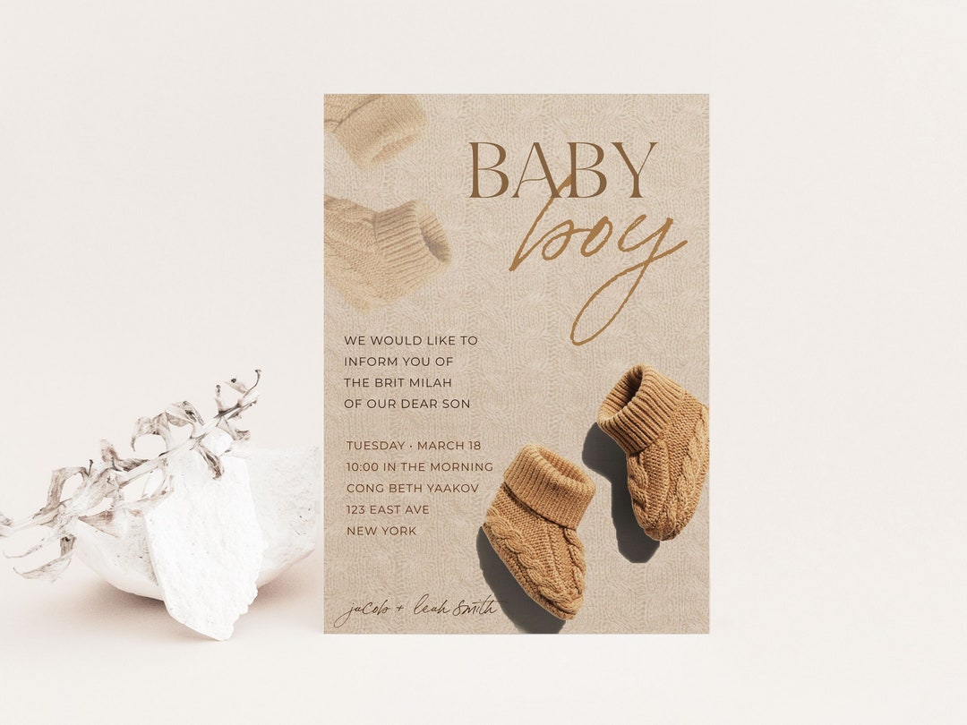 Brit Milah Card Bris Invite, Brown Shoes Baby Boy Naming Invitation ...