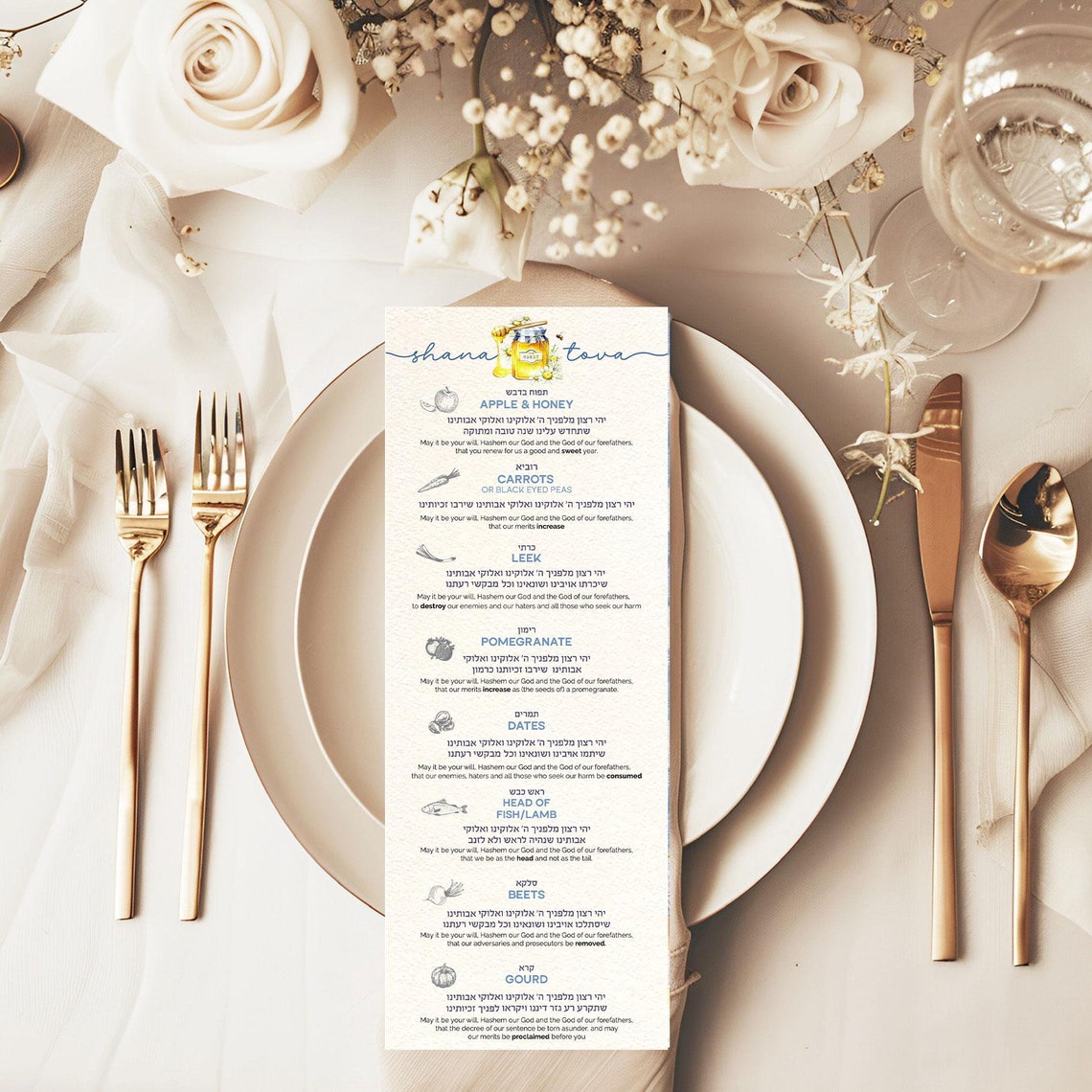 Simanim Card for Rosh Hashanah Hebrew and English Printable Jewish ...