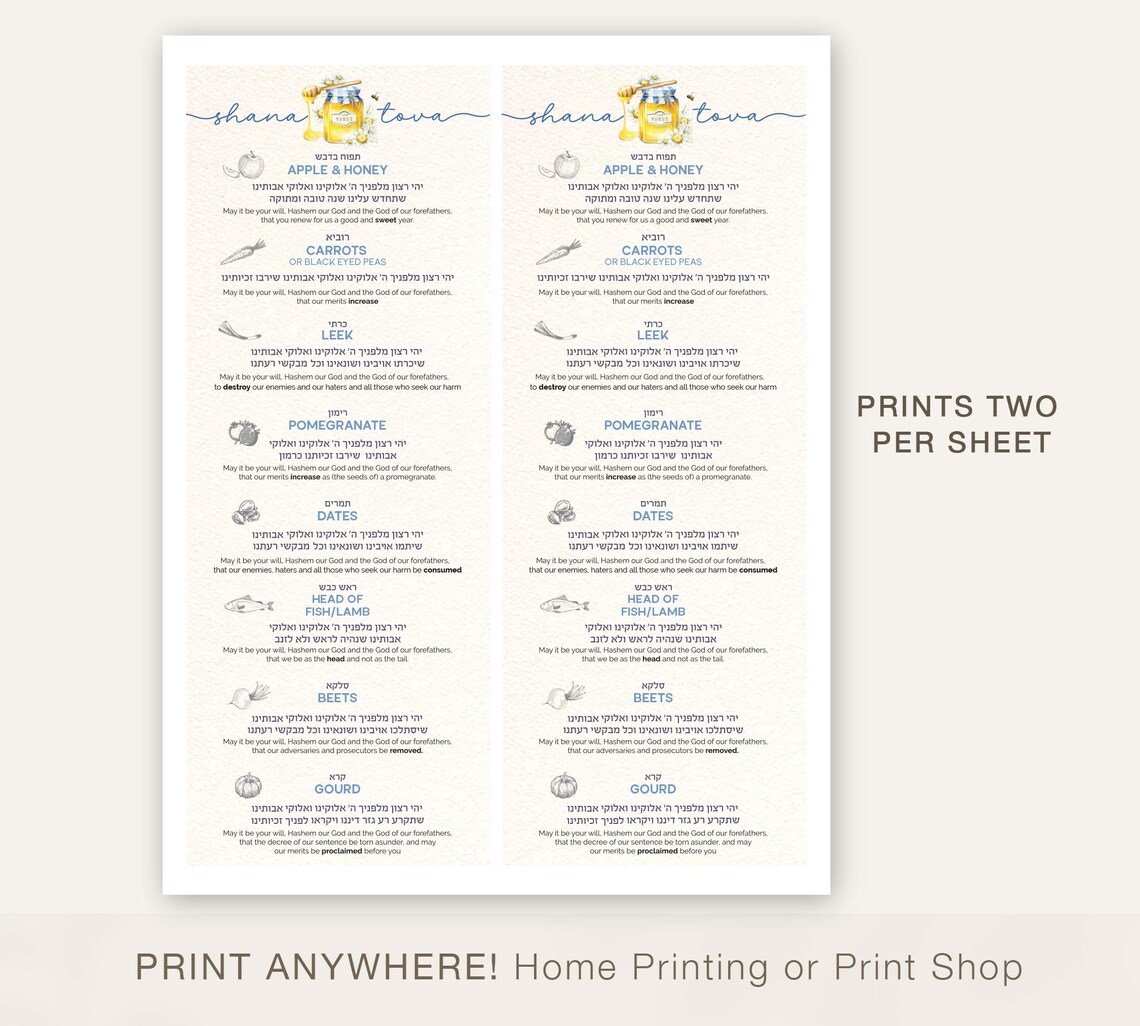 Simanim Card for Rosh Hashanah Hebrew and English Printable Jewish ...