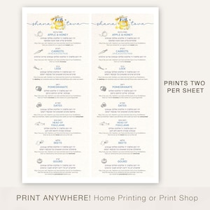 Simanim Card for Rosh Hashanah Hebrew and English Printable Jewish ...