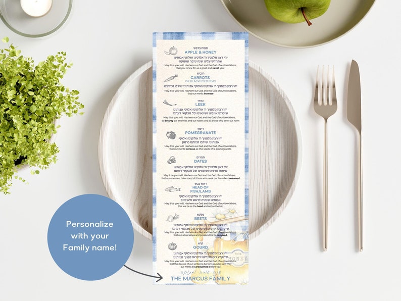 Rosh Hashanah Simanim Printable Card Menu Jewish New Year Blessings ...