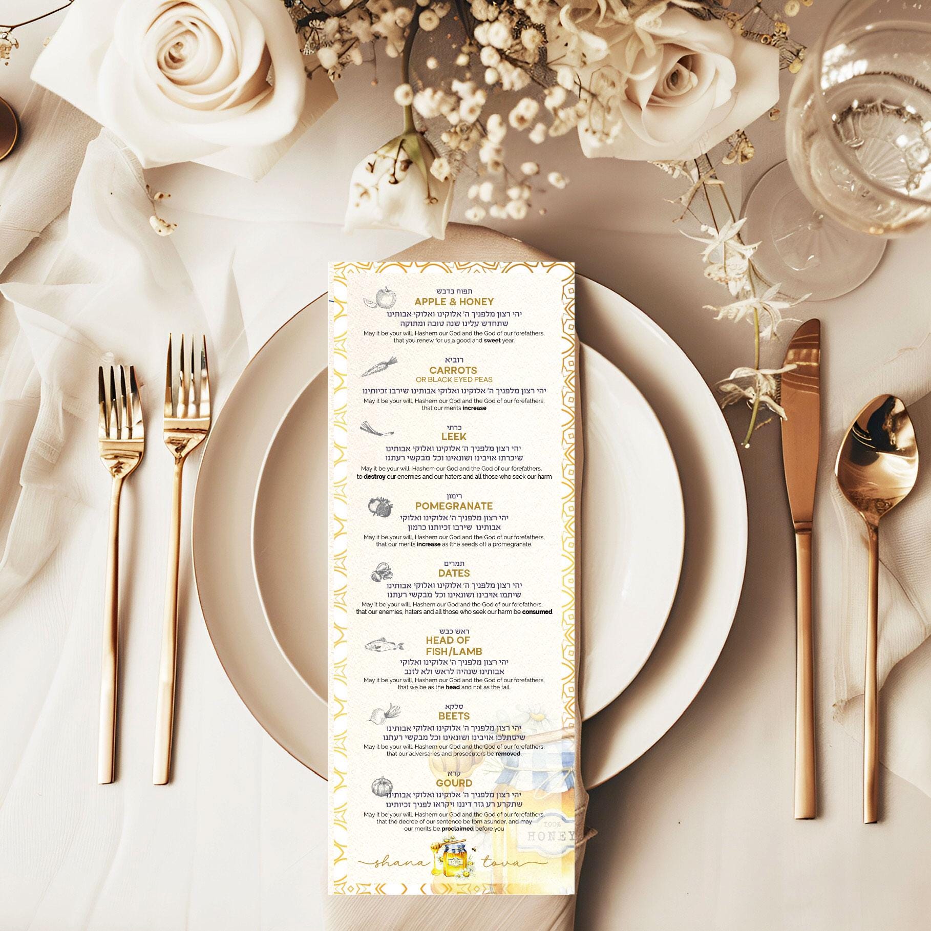 Rosh Hashanah Simanim Card Table Printable Jewish Sweet New Year ...