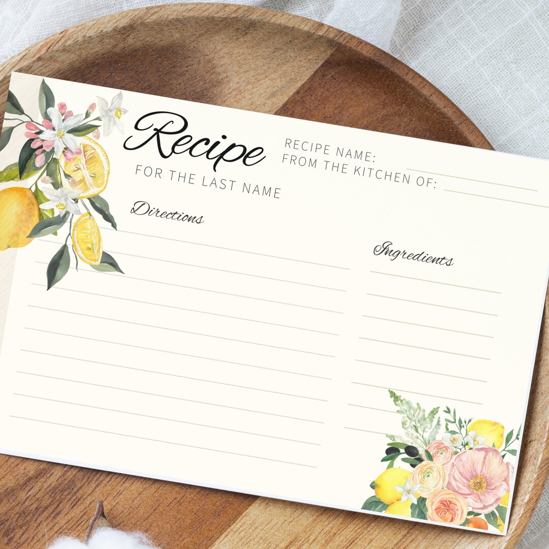 Lemon Recipe Card Template, Yellow Recipe Card, Editable Bridal Shower ...