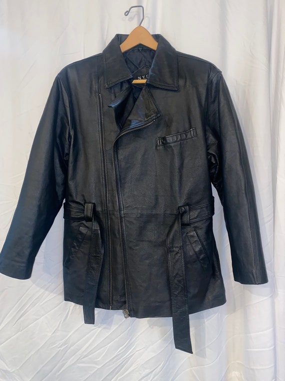 90s Nyda Womens Black Leather Belted Jacket Medium Gem