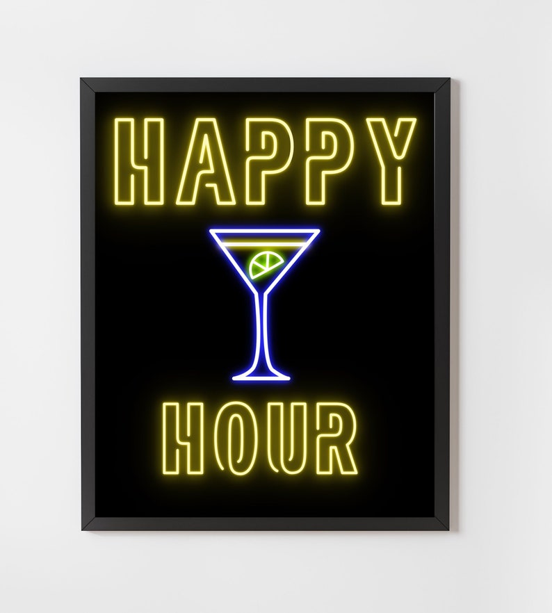 Yellow Neon Sign Print Happy Hour DIGITAL DOWNLOAD Bar - Etsy