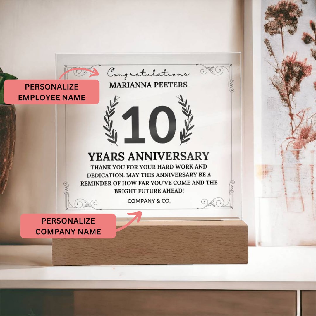 Personalized 10 Year Work Anniversary Gift Co-worker Boss, Custom Company and Employee Name ...