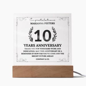 Personalized 10 Year Work Anniversary Gift Co-worker Boss, Custom Company and Employee Name ...