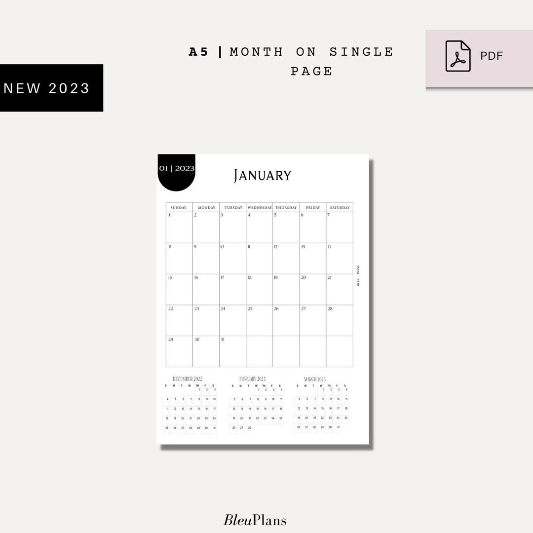 A5 2023 Monthly Dated Calendar, Month on 1 Page, Reference Months on ...