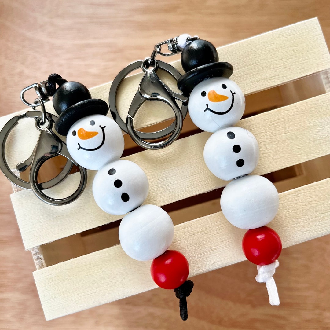 Snowman Keychain Beaded Keychain Winter Keychain Wood - Etsy