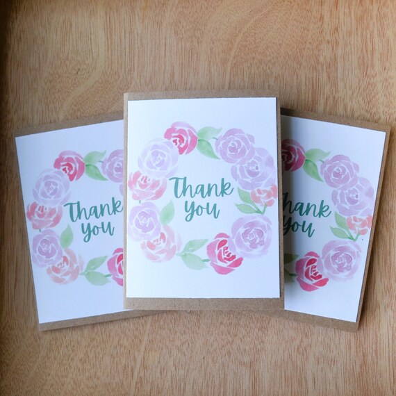 Handmade Watercolor Floral Wreath Thank You Card Boxed Set 10 - Etsy