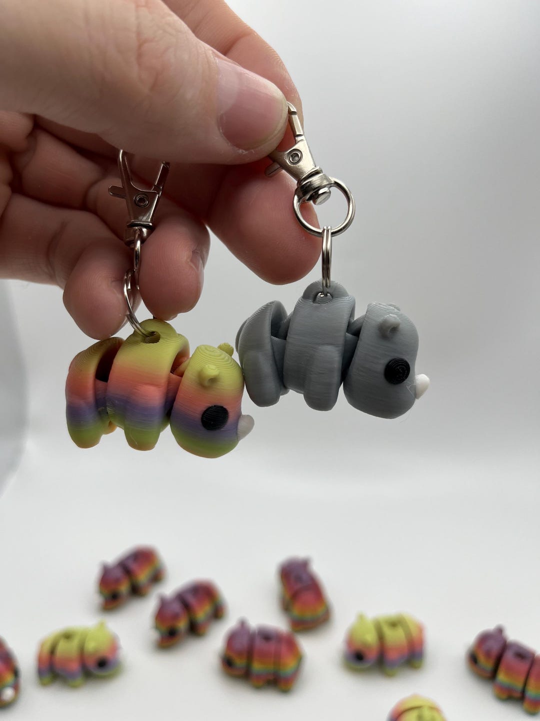 Colorful 3D Printed Baby Rhino Keychain: Adorable Rainbow Animal ...