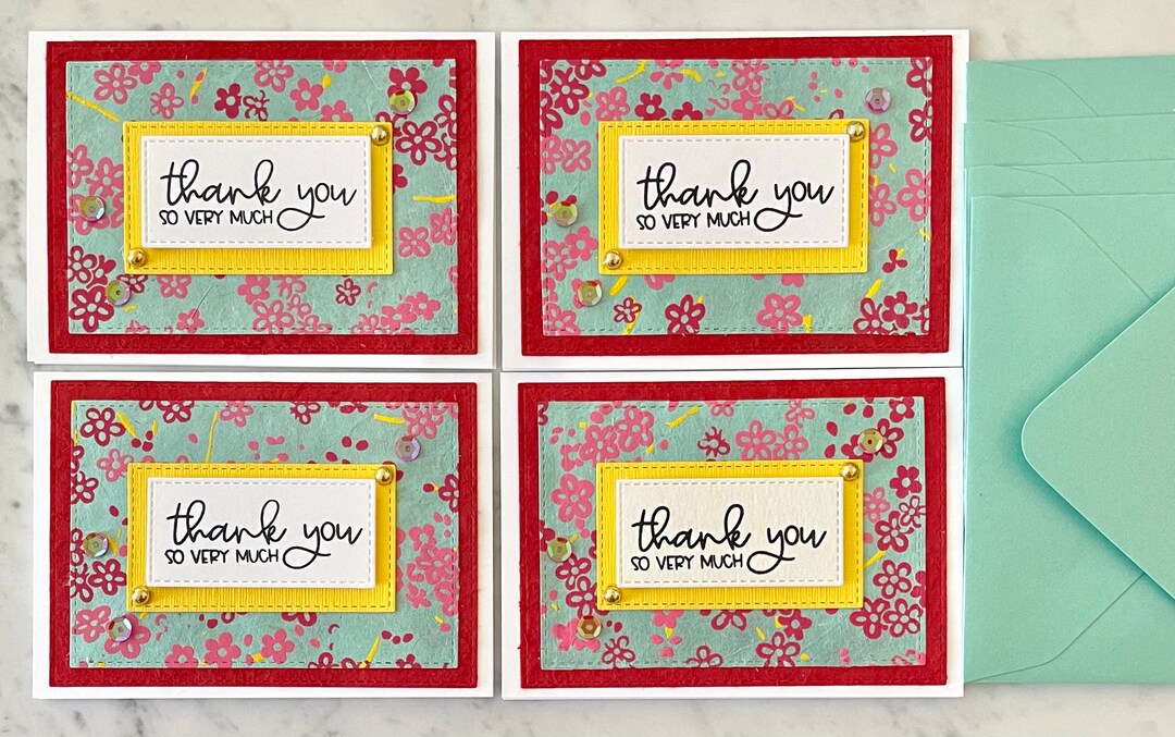 Cheerful Thank You Note Set, 4 Handmade Greeting Notecards, Little ...