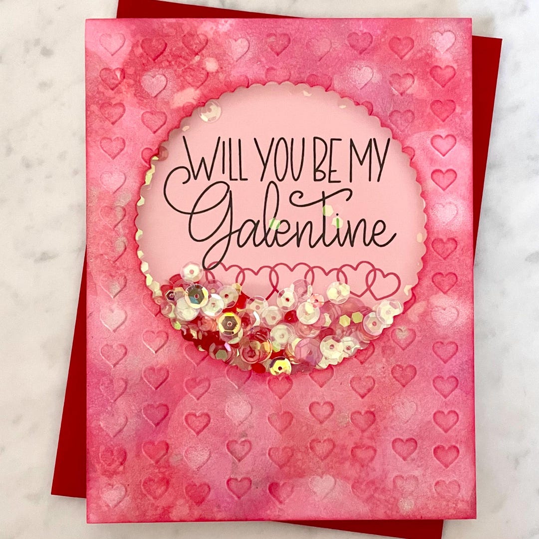 Galentine Card, Handmade Valentine Shaker, Pink Red Embossed Hearts ...