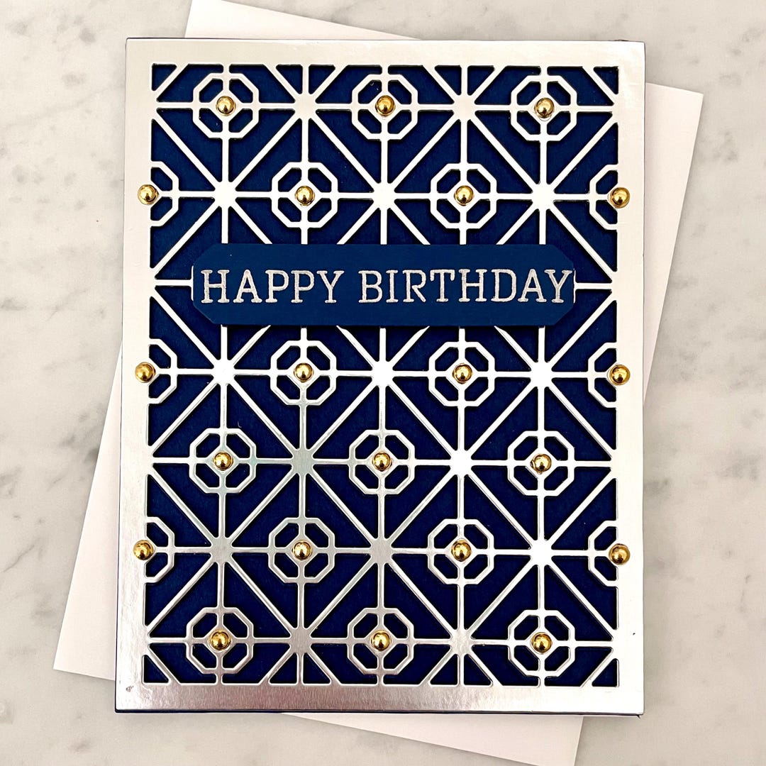 Navy Blue Birthday Card, Handmade Greeting, Embellished Geometric ...