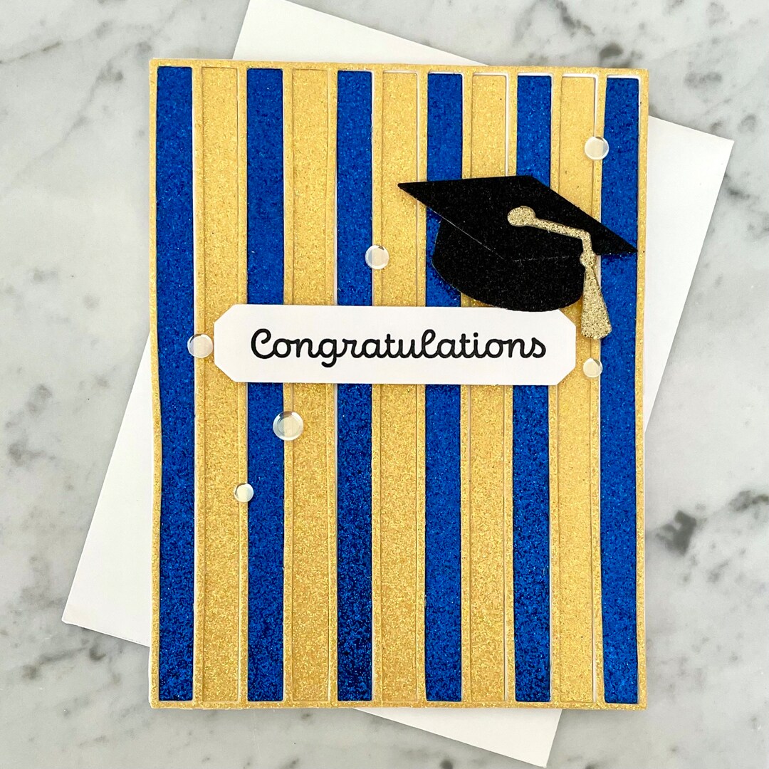 Blue and Gold Graduation Card, Handmade Glitter Grad Greeting ...