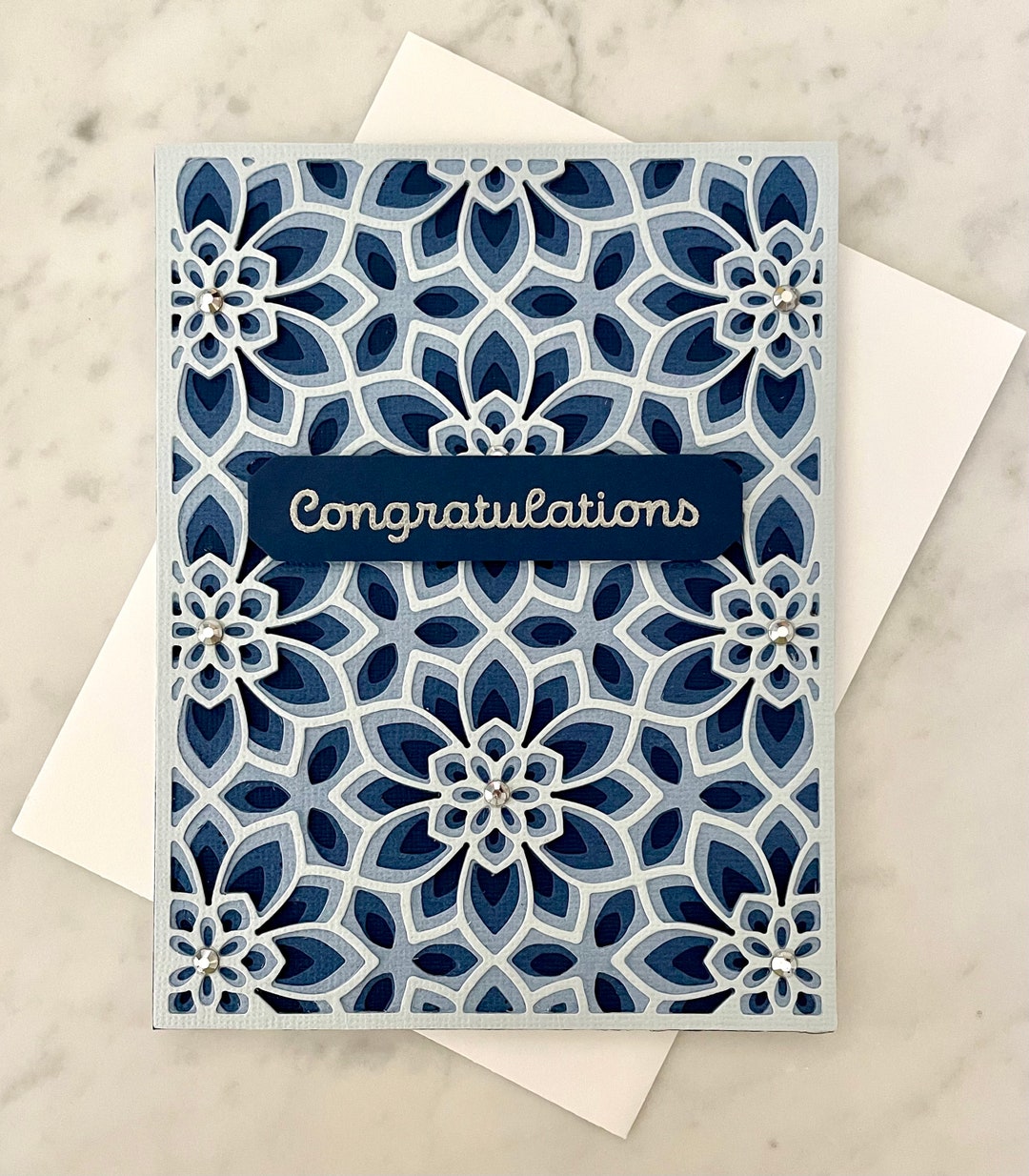Congratulations Card Navy Blue Silver Gems Handmade - Etsy