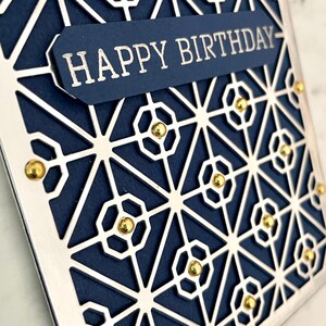 Navy Blue Birthday Card, Handmade Greeting, Embellished Geometric ...