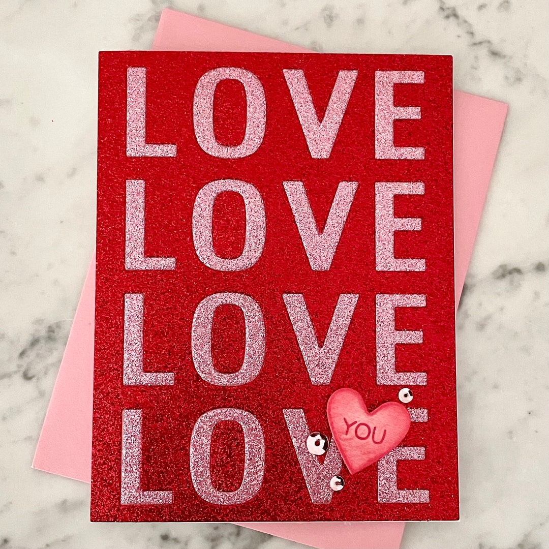 Glitter Valentine Card, Sparkly Handmade Pink Red Greeting, I Love You ...