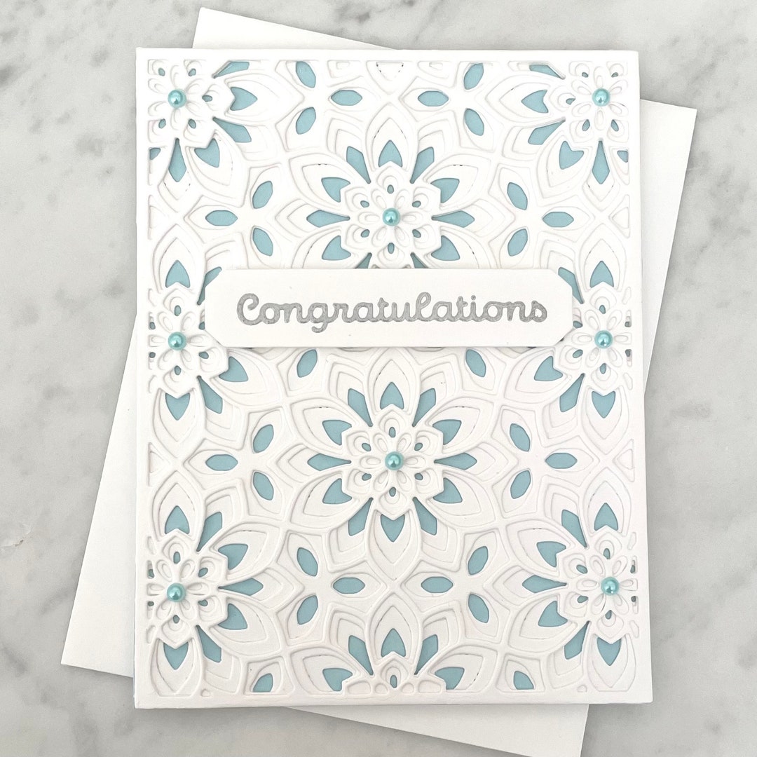 Light Blue Congratulations Card, Blank Handmade Greeting, Fancy Wedding ...