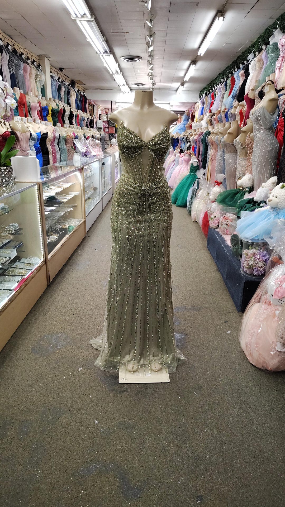 Fitted Corset Strapless V-neckline Sheer Bodice and Linear Beaded Motif ...