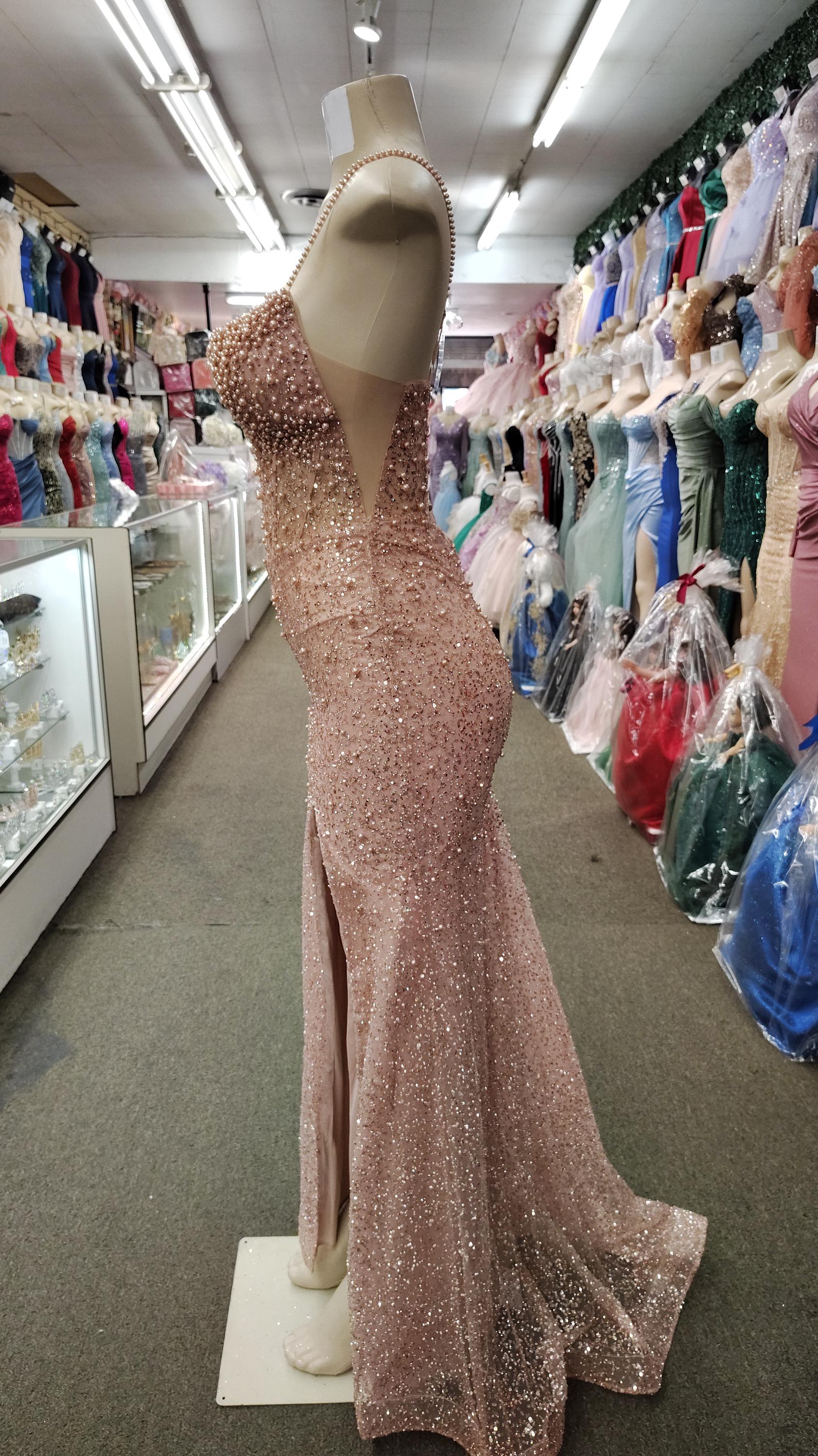 Pearl Embellished Fit and Flare Gown With Spaghetti Straps and Side ...