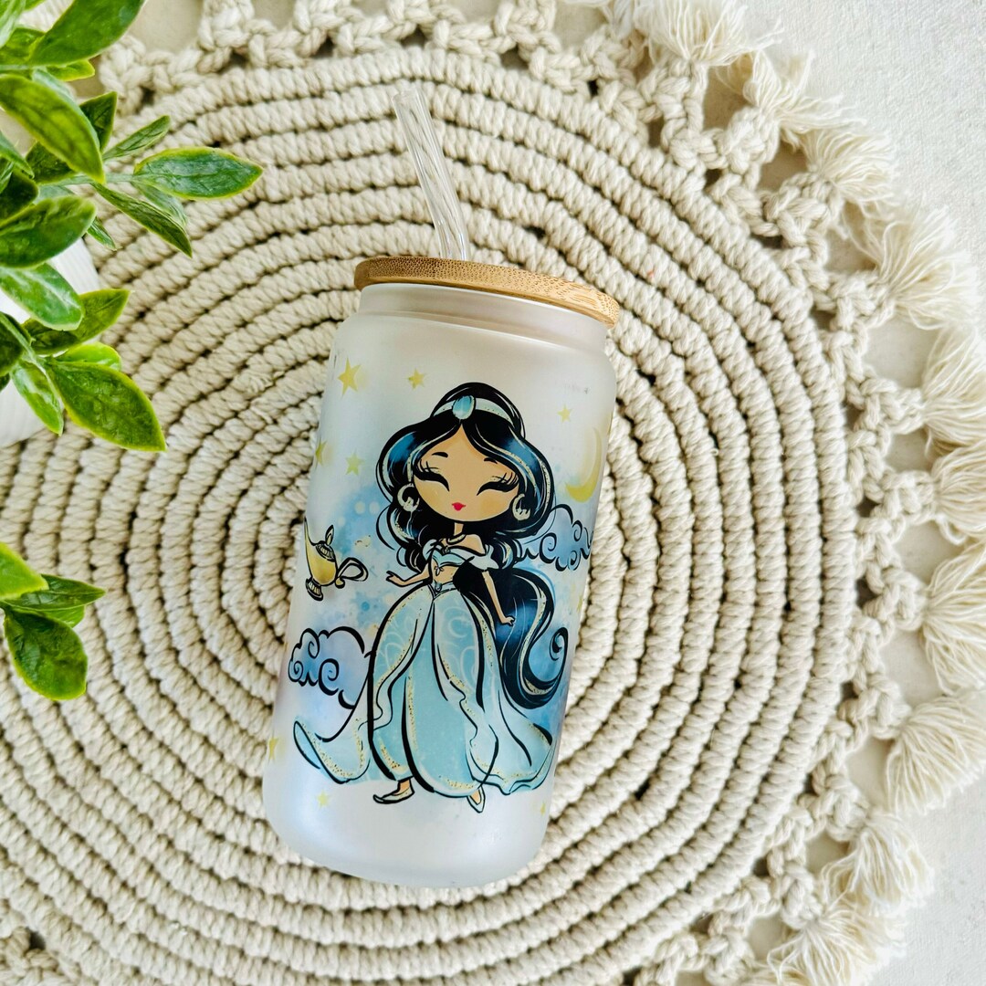 16oz Jasmine Princess Glass Can, Princess Glass Tumbler With Straw ...