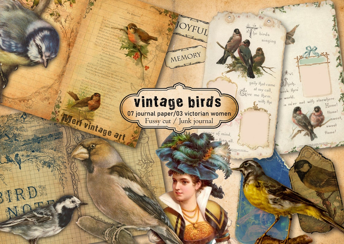 Printable VINTAGE BIRDS Ephemera Pack,fussy Cuts,junk Journal ...