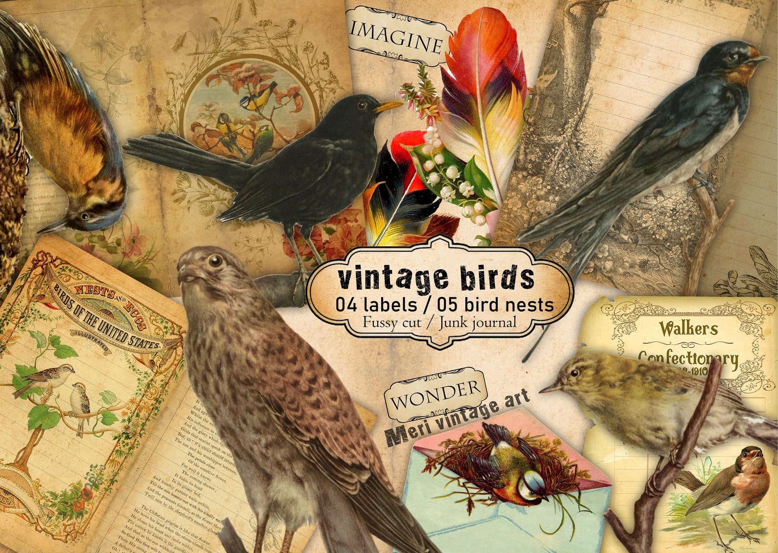Printable VINTAGE BIRDS Ephemera Pack,fussy Cuts,junk Journal ...