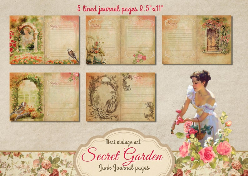 SECRET GARDEN Junk Journal,printable Sheets,shabby Pink,floral,papers ...