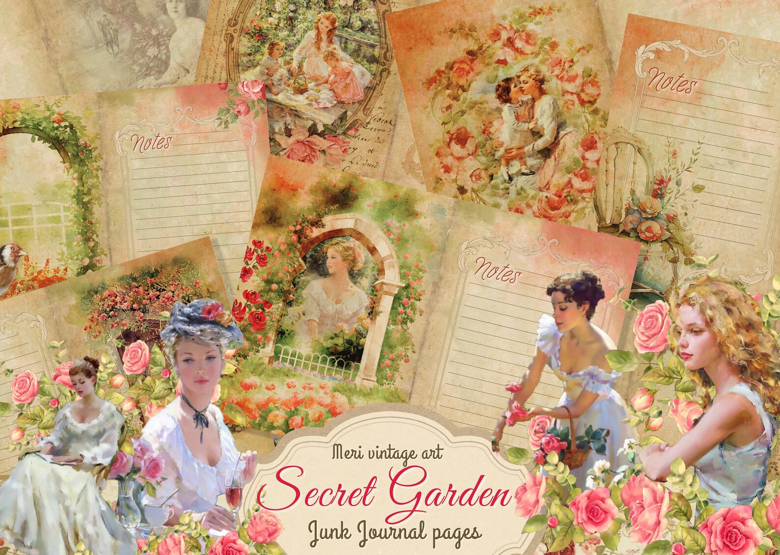 SECRET GARDEN Junk Journal,printable Sheets,shabby Pink,floral,papers ...
