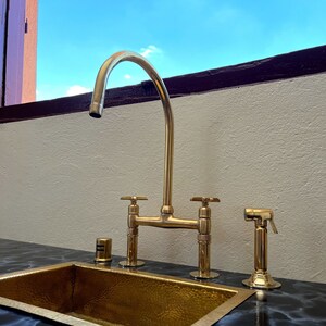 Unlacquered Brass Bridge Kitchen Faucet: Customizable Handles, Linear ...