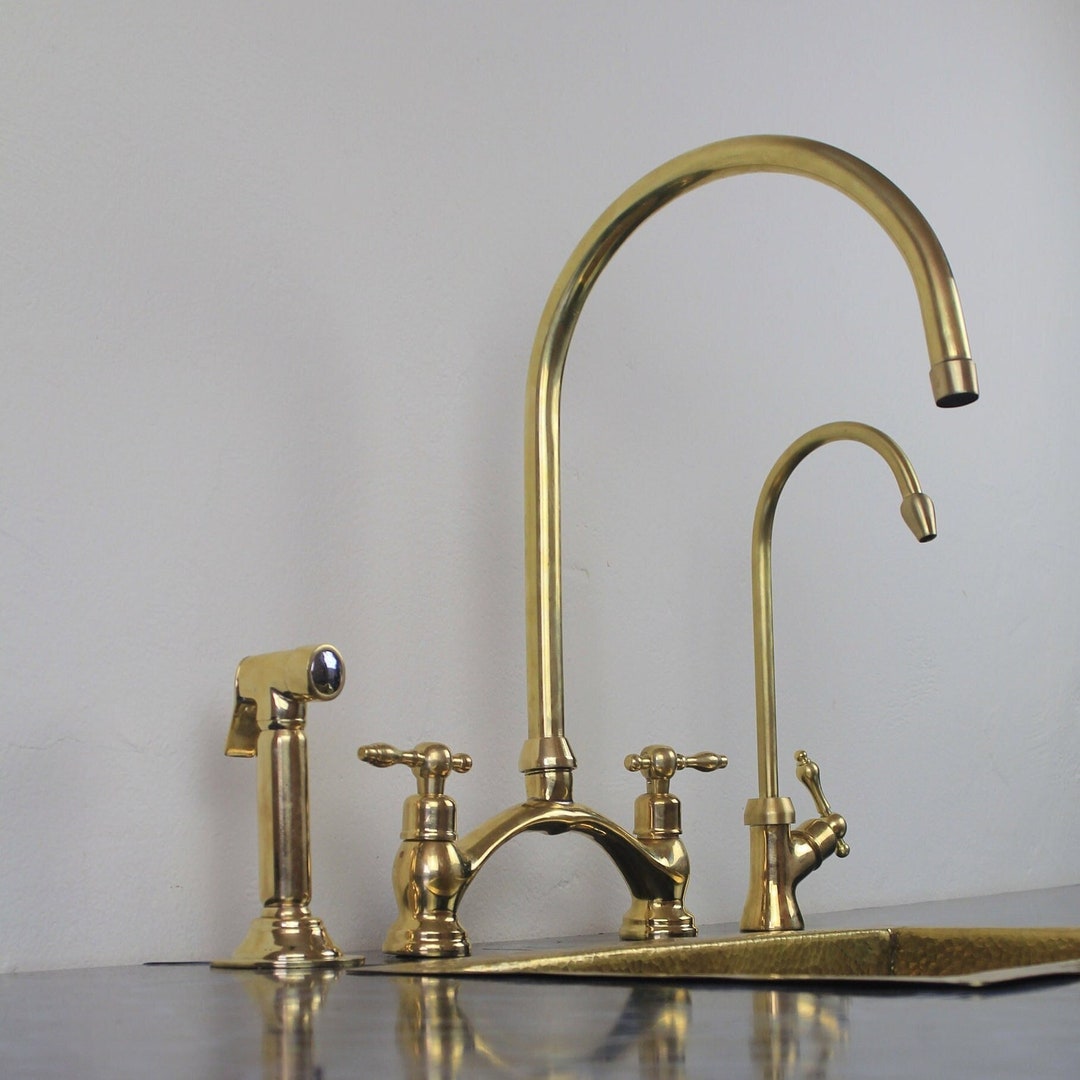 Unlacquered Brass Kitchen Bridge Faucet Vectorian Style With Sprayer ...