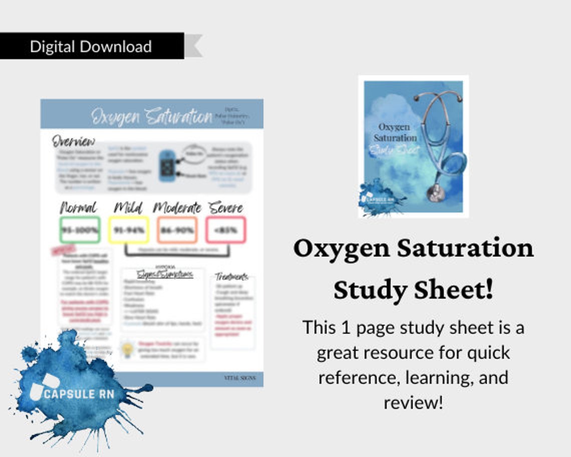 Oxygen Saturation Study Sheet Nursing School Students - Etsy