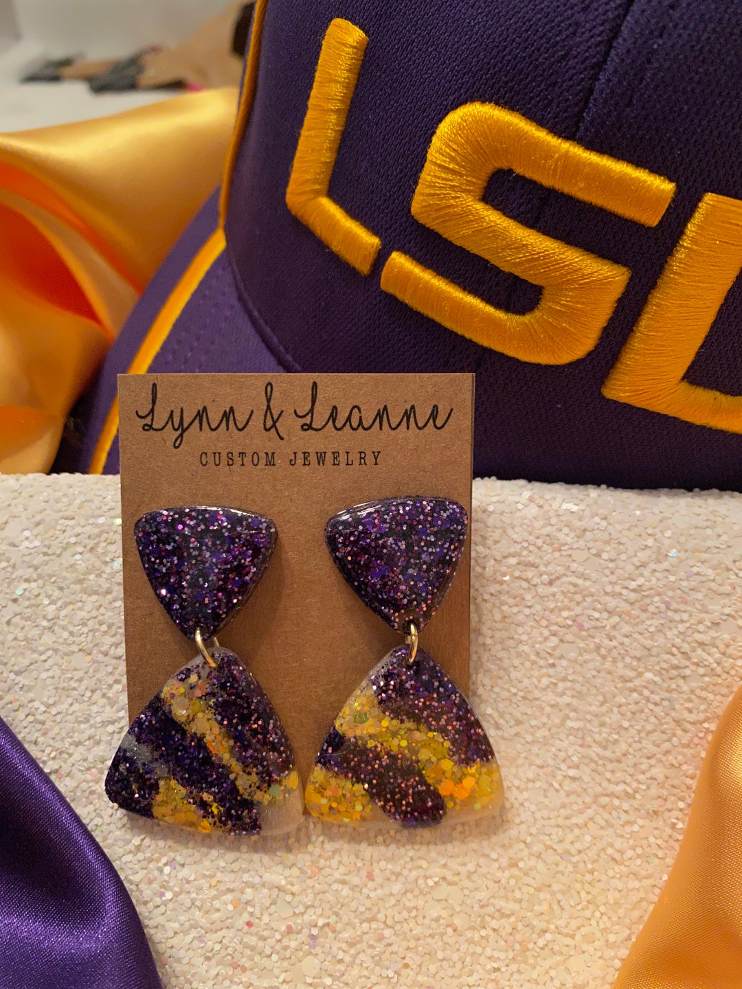 LSU Tiger Earrings: Purple, Gold, and White Glitter Resin Earrings - Etsy