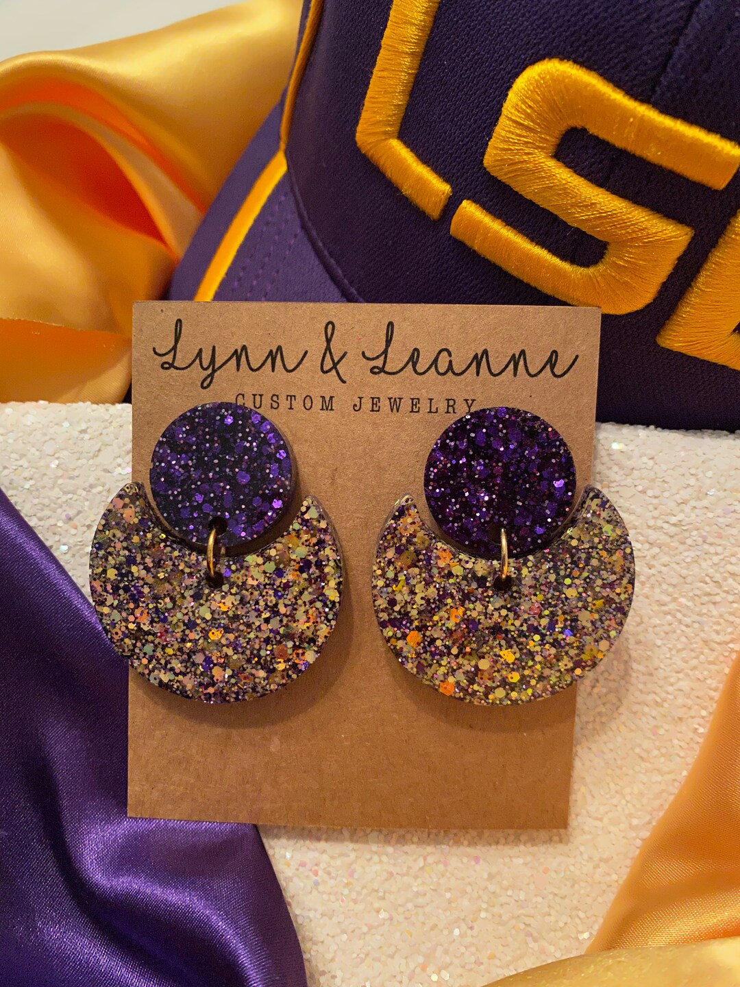 LSU Tiger Glitter Resin Earrings, Purple Gold and White Earrings, Tiger ...