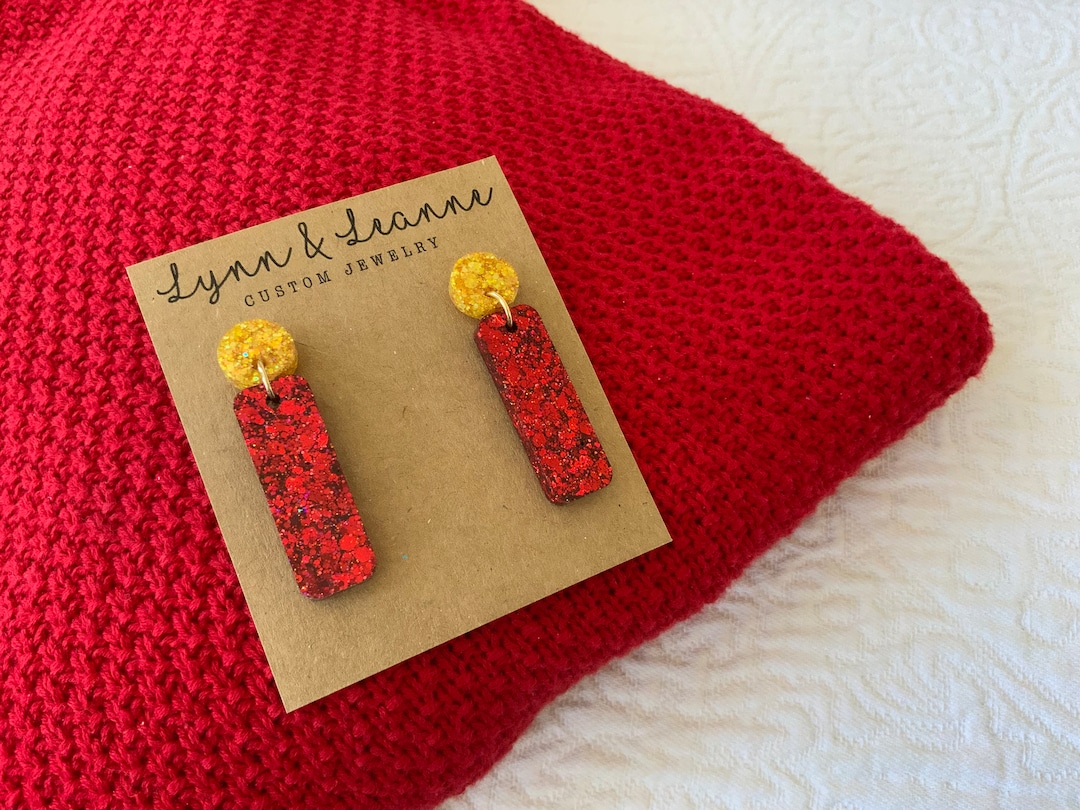 Team Spirit Red and Gold Glitter Resin Dangle Earrings, Red and Gold ...