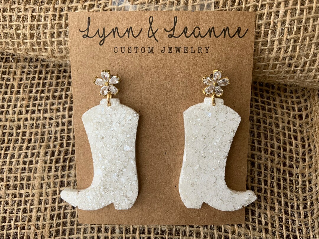 Rhinestone and White Cowboy Boot Glitter Resin Earrings, 2 Inch Cowboy ...
