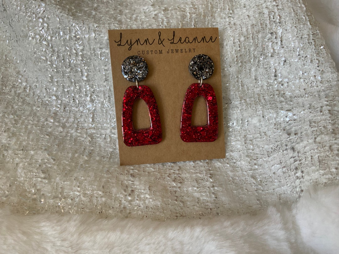 Team Spirit Red and Black Glitter Resin Earrings, Red Black and Silver ...