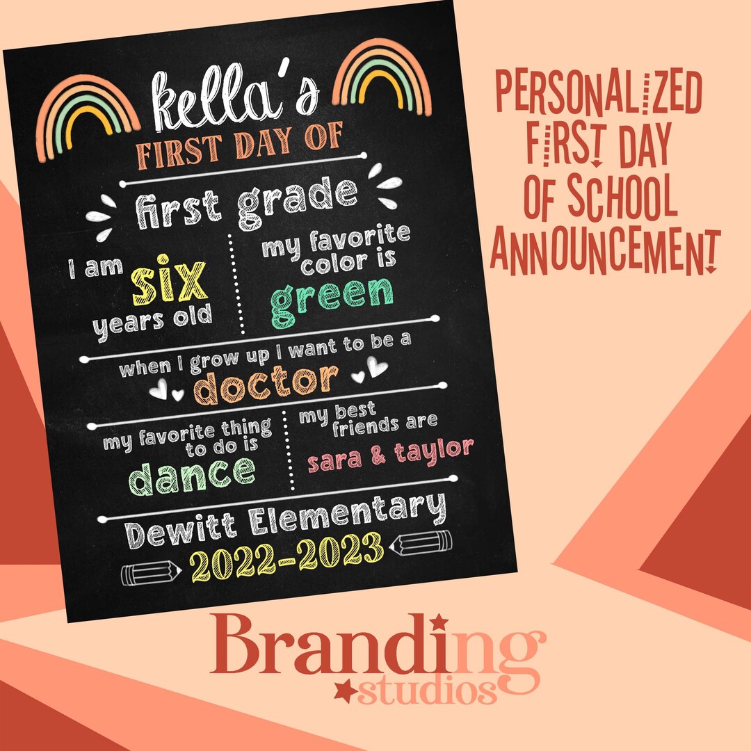 Rainbow Style School Announcement | Personalized Printable First Day of ...