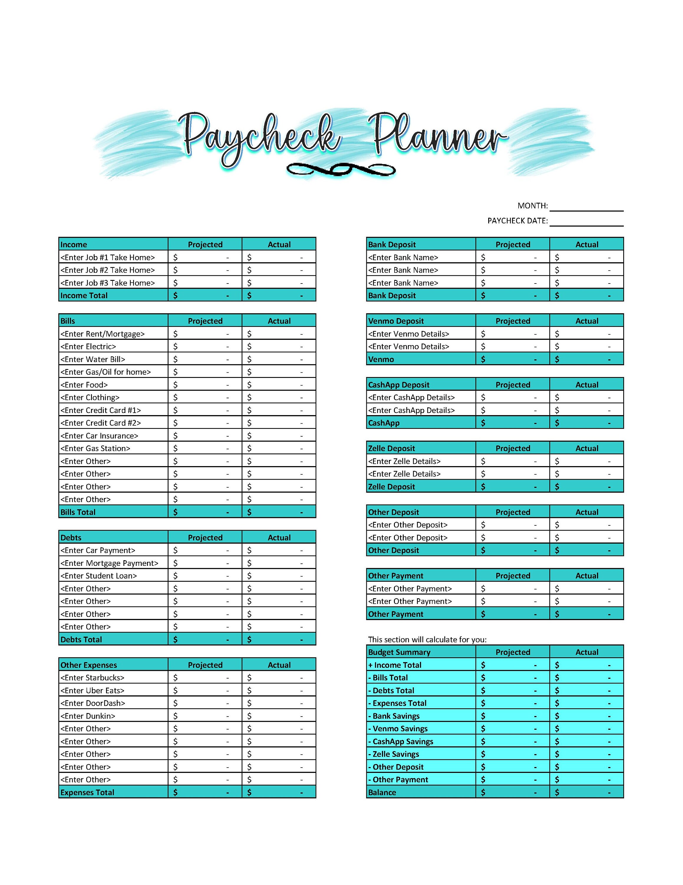 Paycheck Planner Excel Spreadsheet Printable Budget Sheet - Etsy