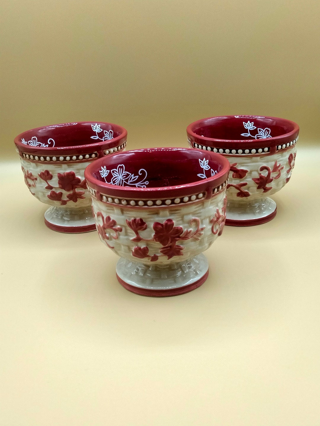 Temptation Cranberry Red Floral Lace Basket Weave Cups Bowls - Etsy