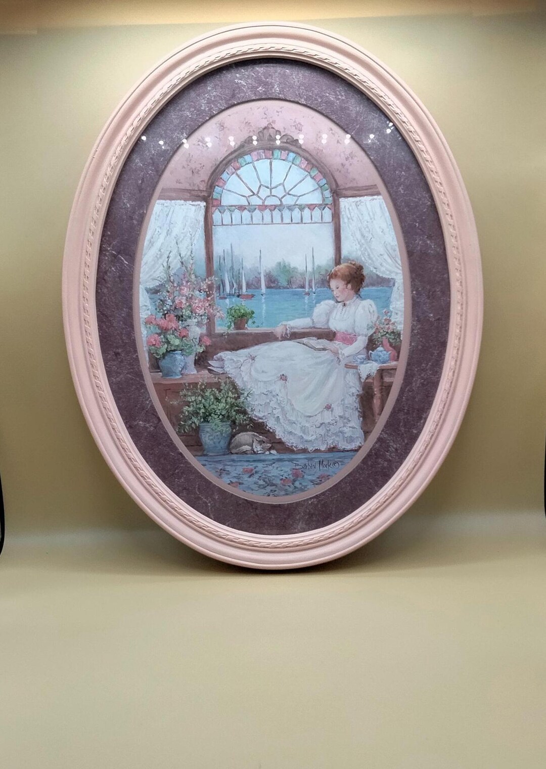 Vintage Barbara Mock Color Lithograph Boat on the Water Oval Pink Frame ...