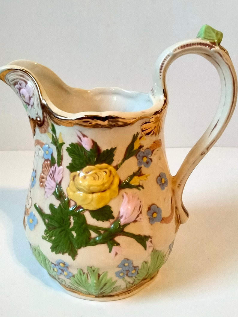 Vintage Ceramic Pitcher With Floral Design - Etsy