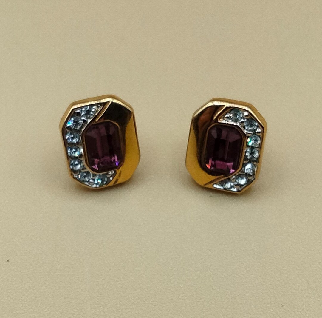 Monet Gold Toned Amethyst Rhinestone Earrings - Etsy