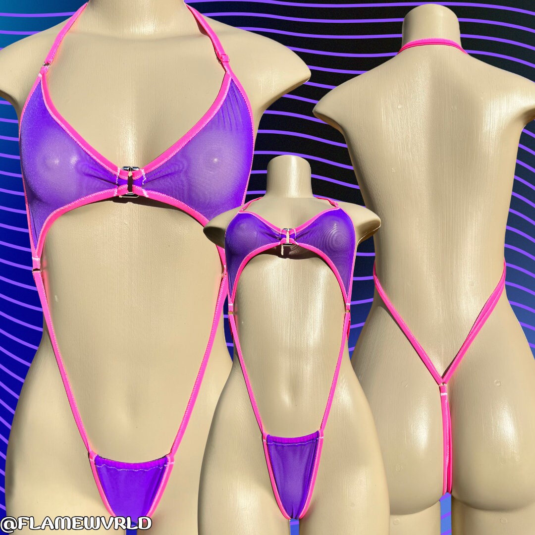 Purple Sling Shot Bikini Mesh Sling Exotic Dancewear Stripper Outfits Purple Mesh Backless One