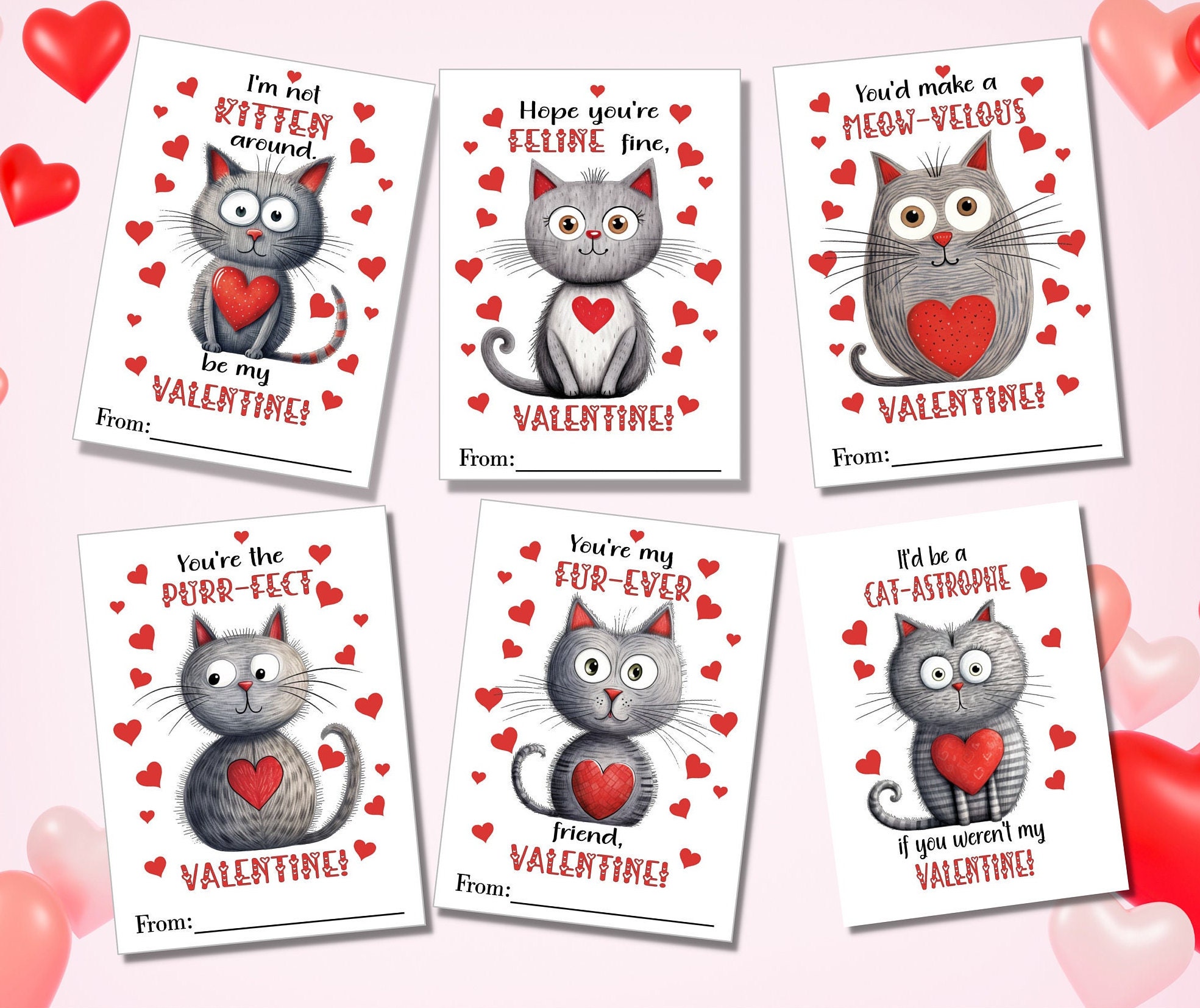 Printable Cat Valentine Cards, Kid's Classroom Valentine's Day Cards ...