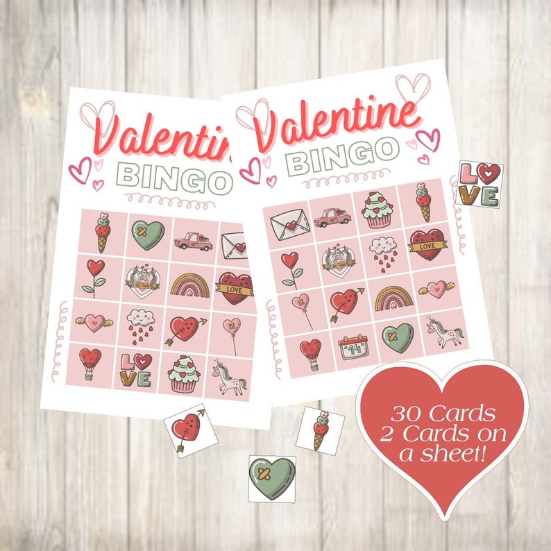 Valentine Bingo Game: 30 Unique Cards, Kids Classroom Party (digital ...