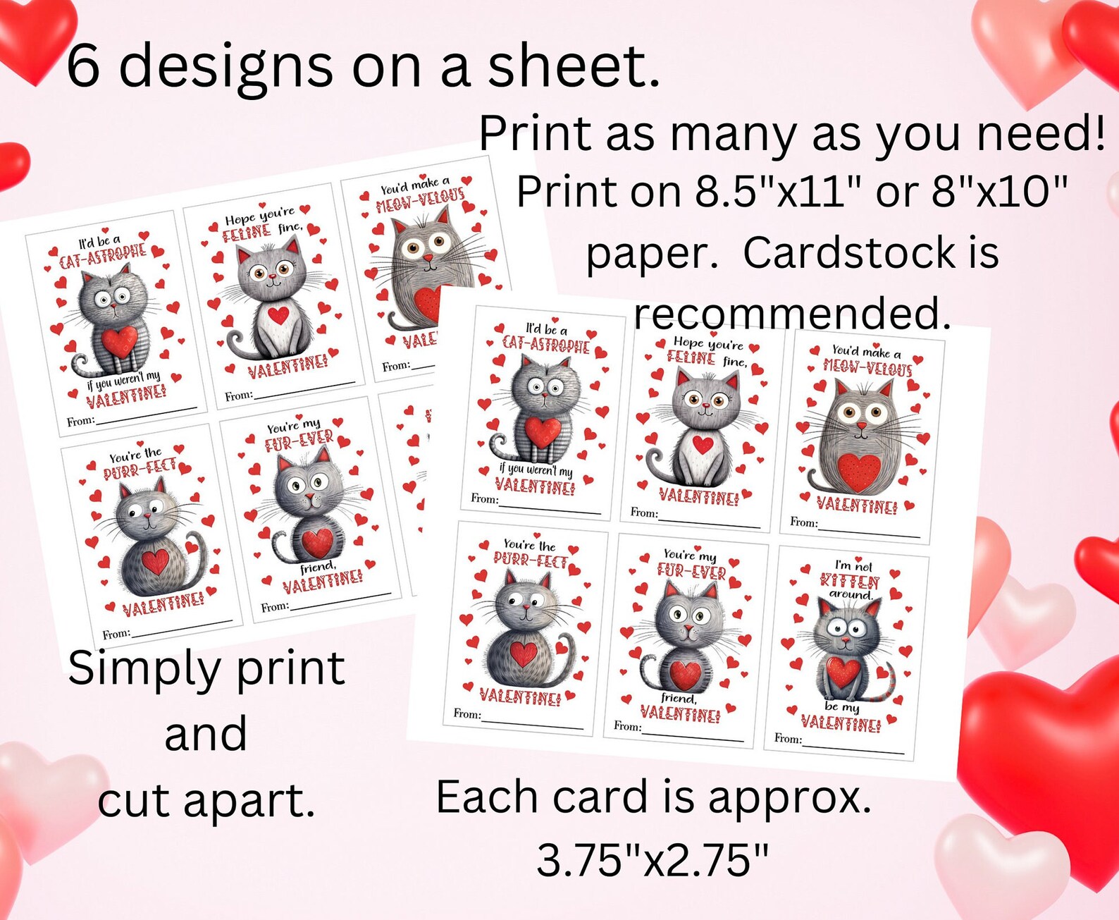 Printable Cat Valentine Cards, Kid's Classroom Valentine's Day Cards ...